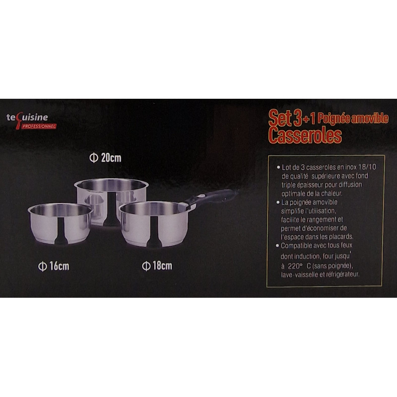 Casseroles Inox professionnel 16-18-20cm 1 manche amovible